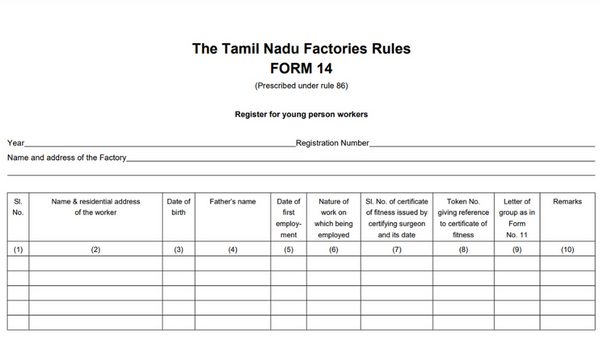 Tamil Nadu Form 14 Register for Young Person Workers