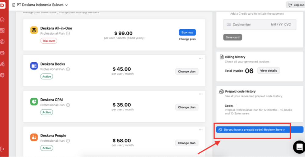 How to activate your account by applying a prepaid code in Deskera Books?