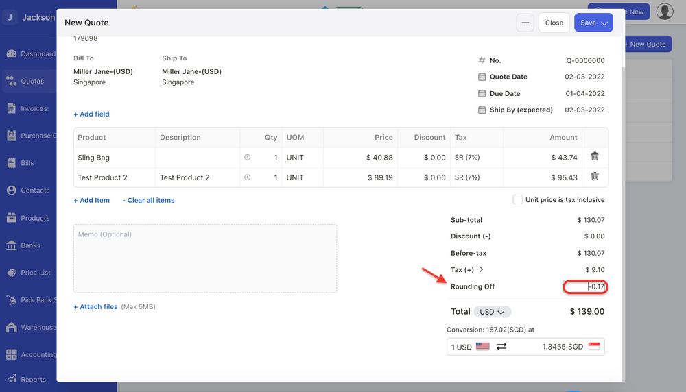 How do I round off my bill and invoice document in Deskera Books Plus?