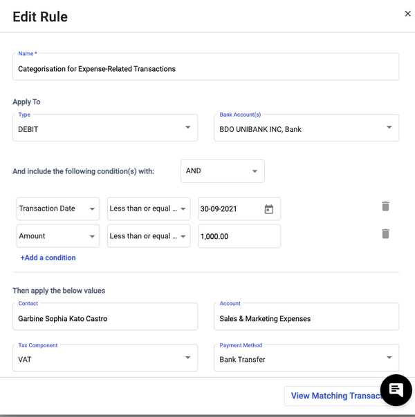 Auto-categorization of expense transactions using bank rules